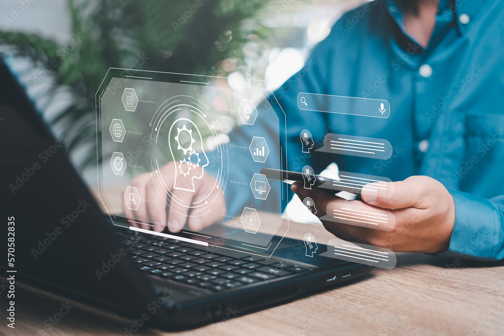 Chat with AI or Artificial Intelligence concept, Businessman chatting ...