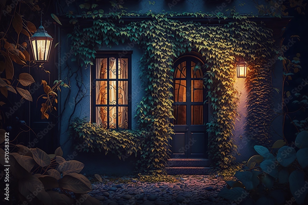 Outdoor window glowing light with ivy tree and facade lantern ...