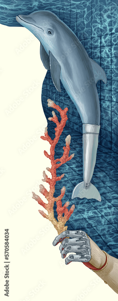Dolphin with a prosthetic tail. Dolphins are aquatic mammals of the ...