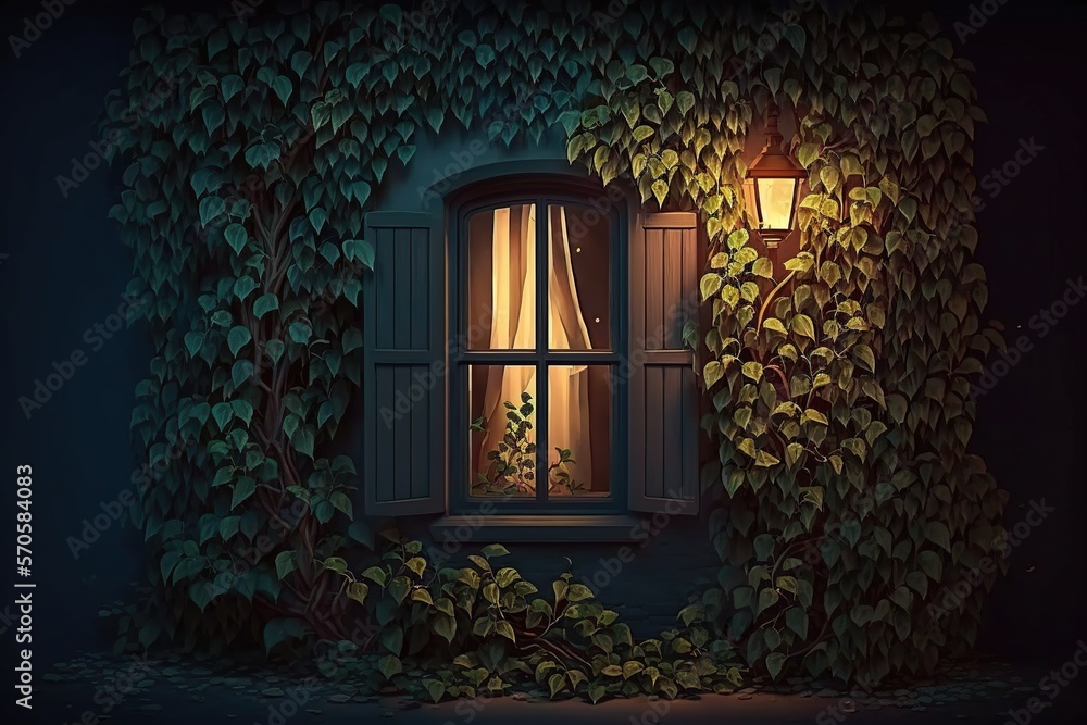 Outdoor window glowing light with ivy tree and facade lantern ...