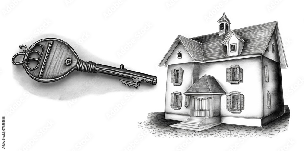 Hand-drawn black and white sketch house model and house key. Generative ...