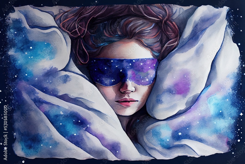 Watercolor painting of beautiful woman in sleeping mask with stars ...