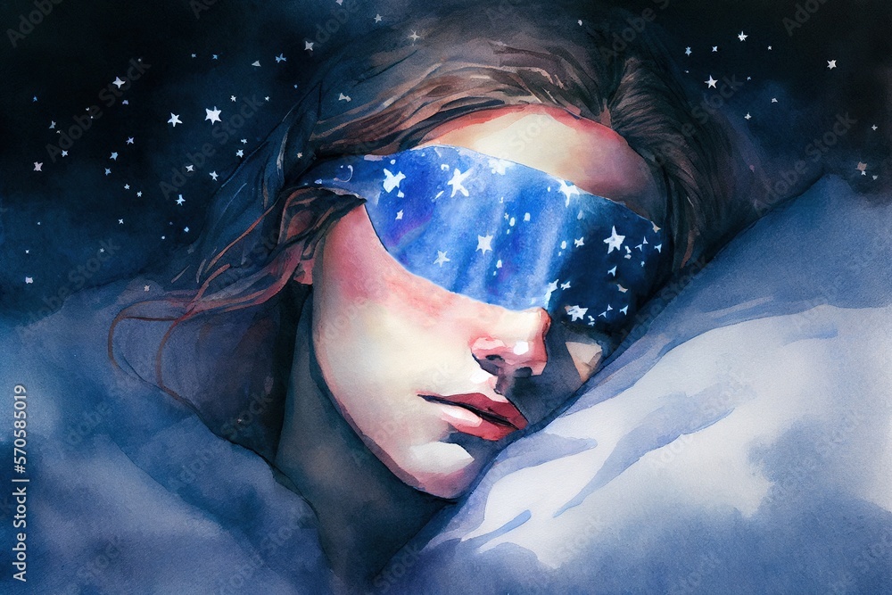 Watercolor painting of beautiful woman in sleeping mask with stars ...