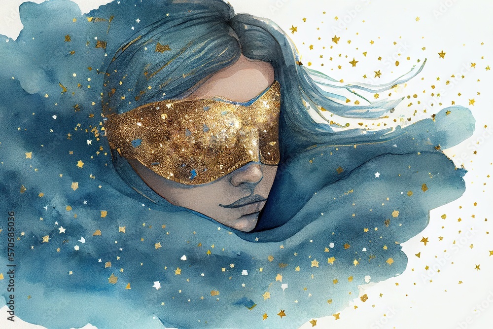 Watercolor painting of beautiful woman in sleeping mask with stars ...