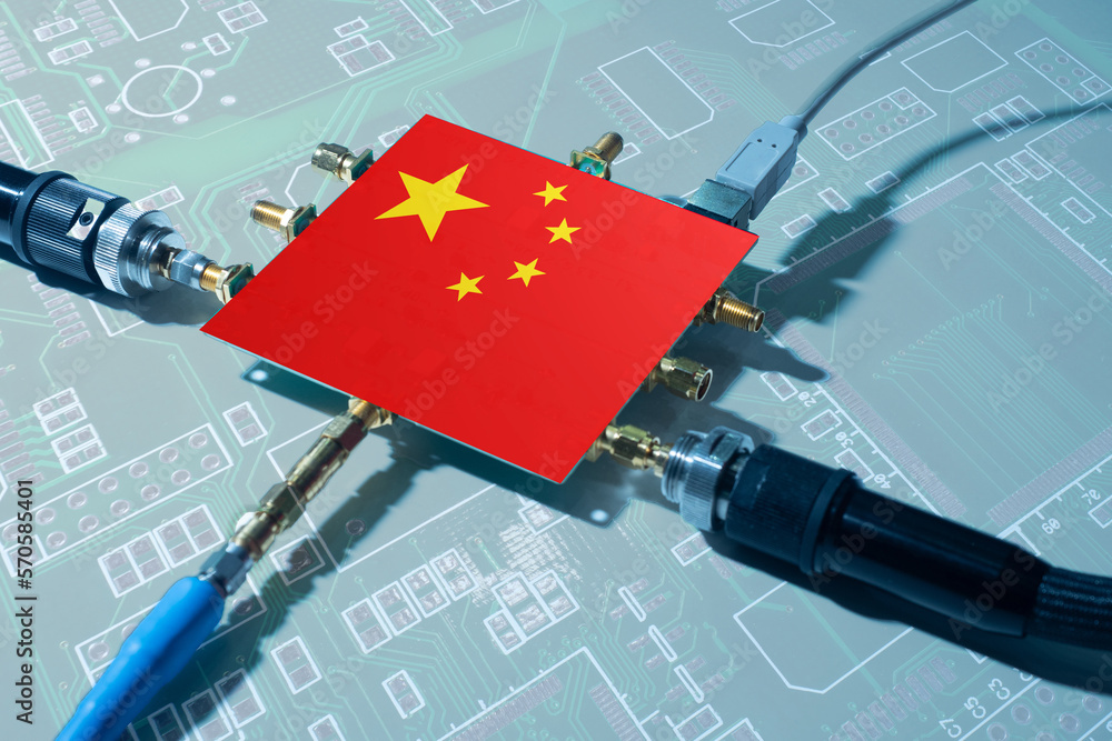 Computer Chip With China Flag Digital Board Is Wired Chinese Microchip Close Up Processor