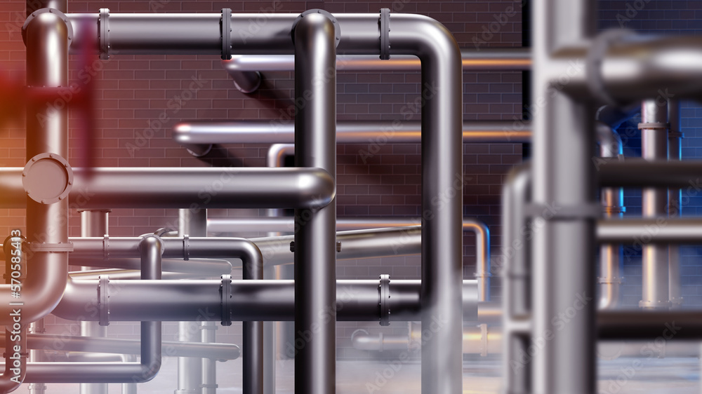 Utility room with piping. Tangled pipes to provide heating in building ...