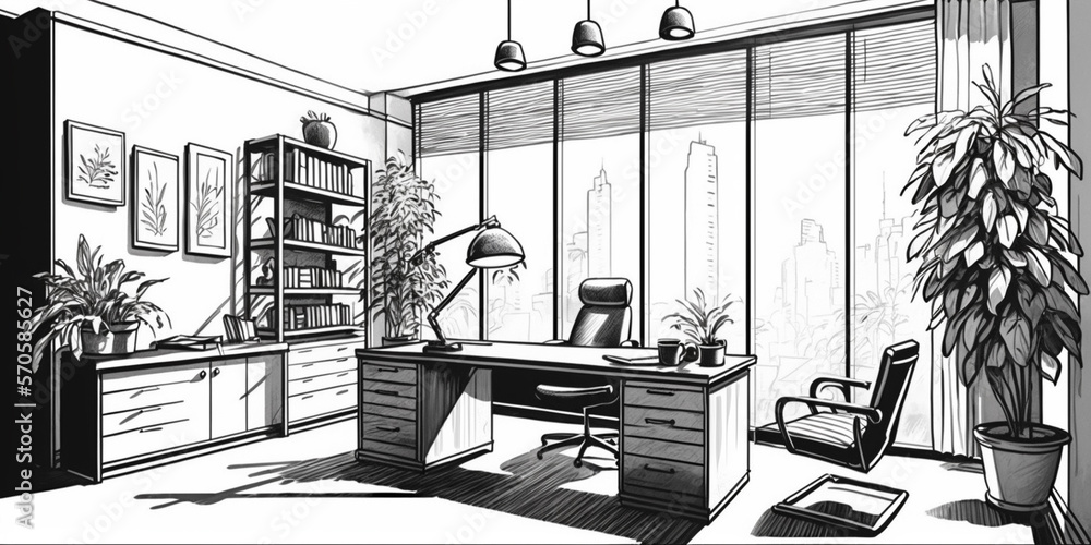 Hand-drawn black and white sketch office interior. Generative AI Stock ...
