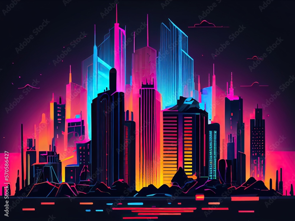 Flat illustration of futuristic city in neon colors. Generative AI ...