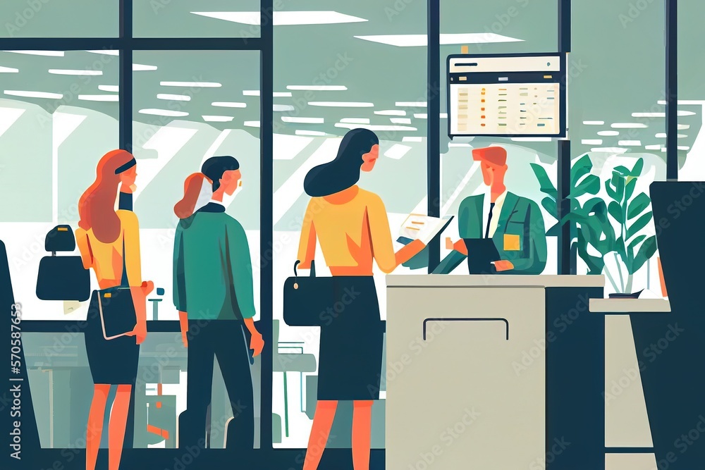 Flat illustration of line of people in front of check in registration ...