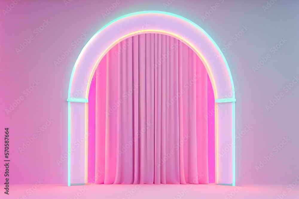 Neon pink arch in empty room, template or mockup for beauty product ...