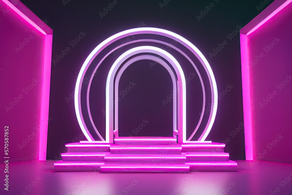 Neon pink arch in empty room, template or mockup for beauty product ...