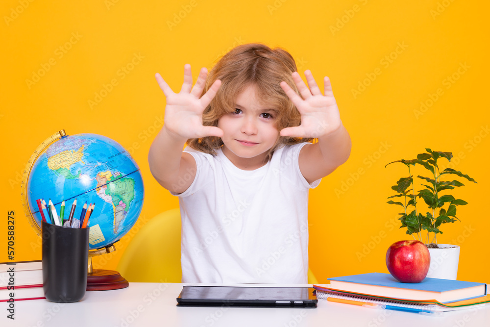 Stop bullying. Sad and angry pupil. Nerd school kid isolated on studio ...
