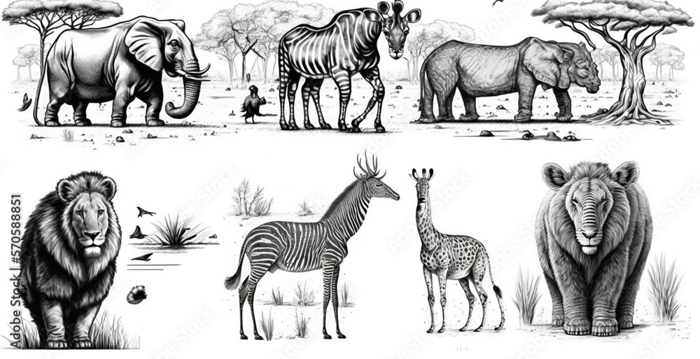 Hand-drawn black and white sketch set of wild animals from Africa ...