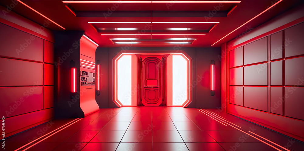 Empty light red studio room futuristic sci fi big hall room with lights ...