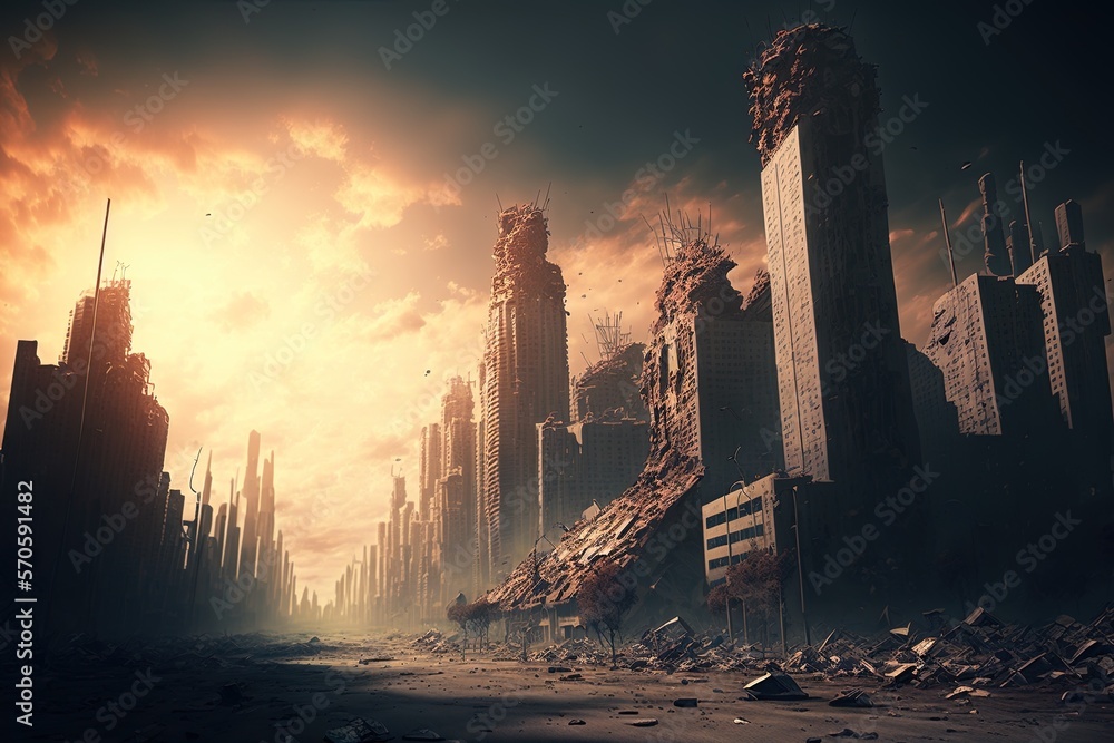 Damaged buildings in a post-apocalyptic metropolis. Concept of a ...