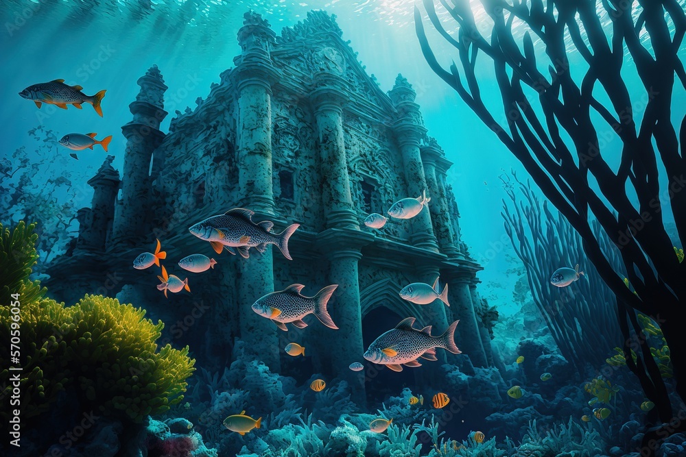 Ruined city underwater. Underwater ancient city in the depths of the ocean. Atlantis lost world ...