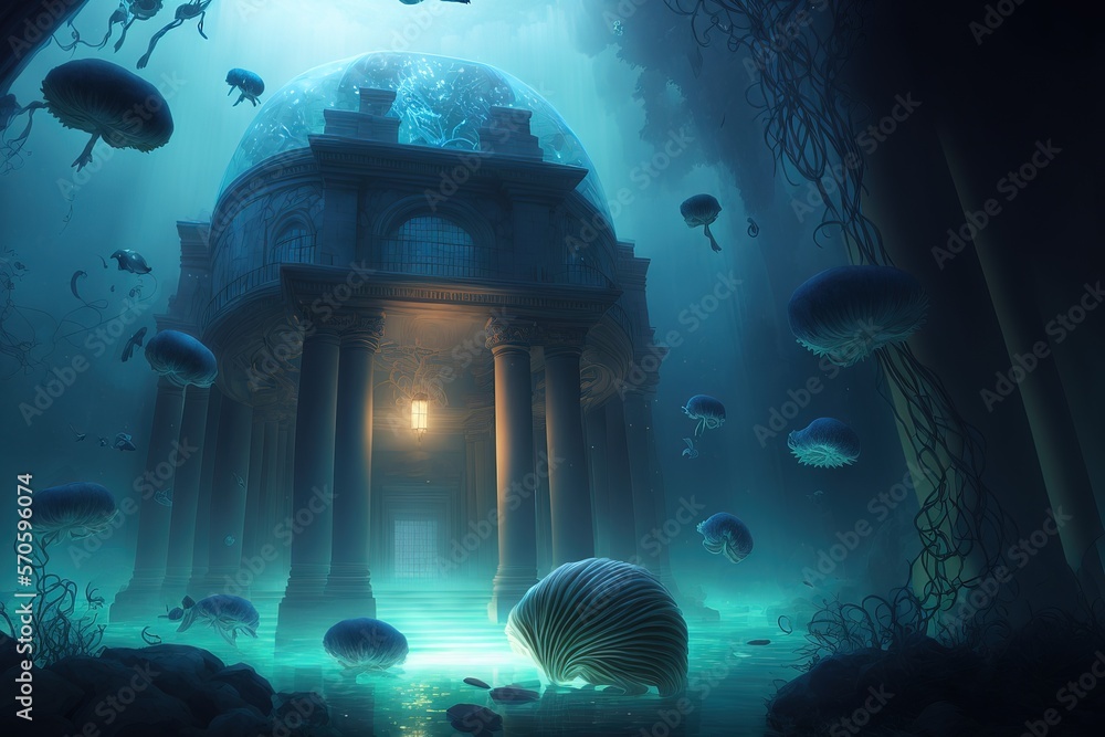 Ruined city underwater. Underwater ancient city in the depths of the ocean. Atlantis lost world ...