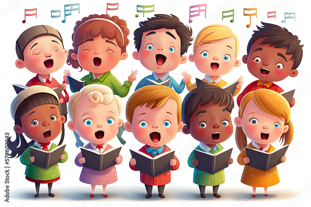 children singing song together . girls and boys group singers in choir ...