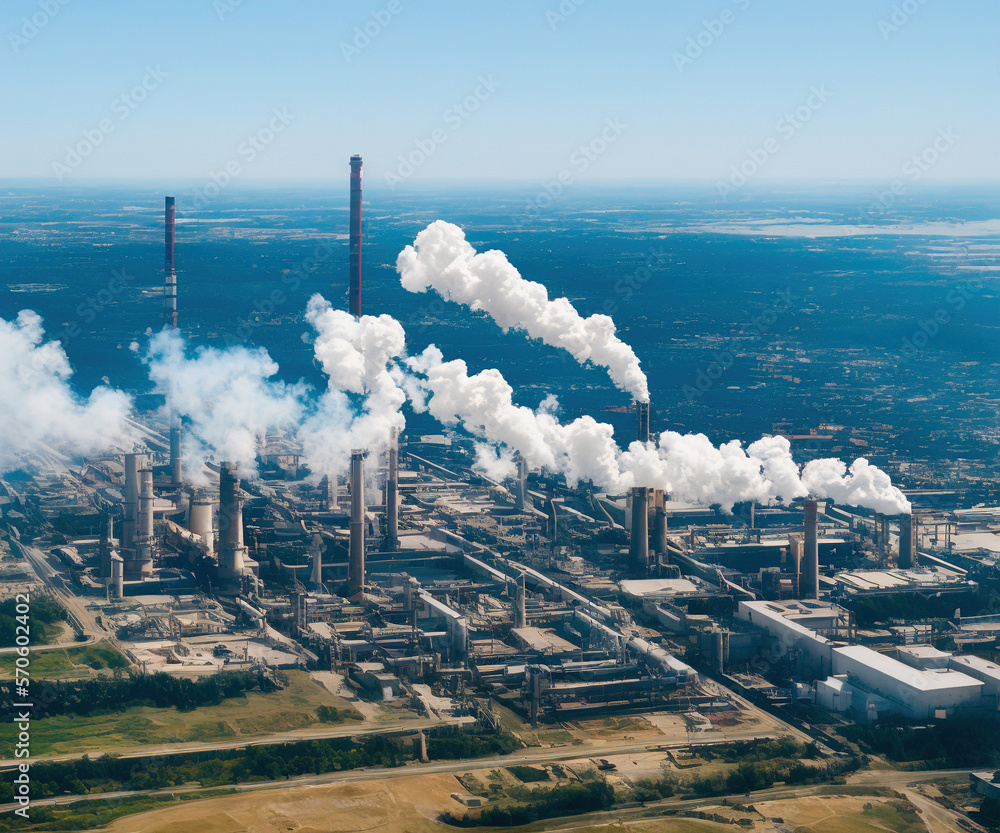 Industrial tubes with smoke. High angle view, pollution of the Earth ...