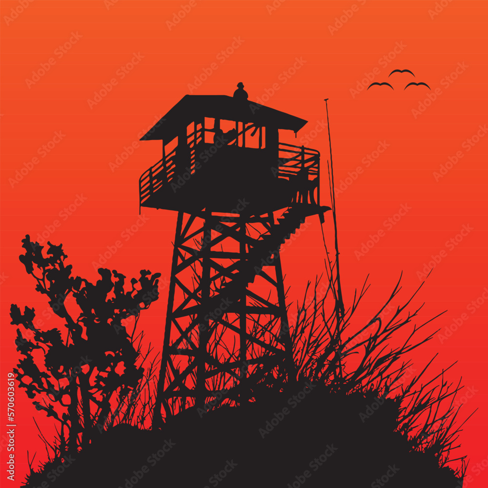 Watchtower silhouette in black color in sunset gradient background ...