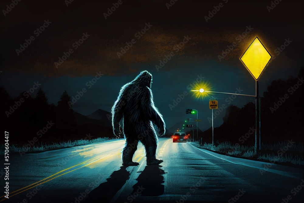 Bigfoot crossing a rural road at night - art created with Generative AI ...