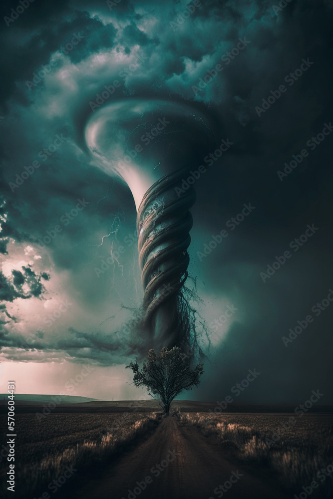 Cyclone or tornado that creates destruction over a populated landscape ...