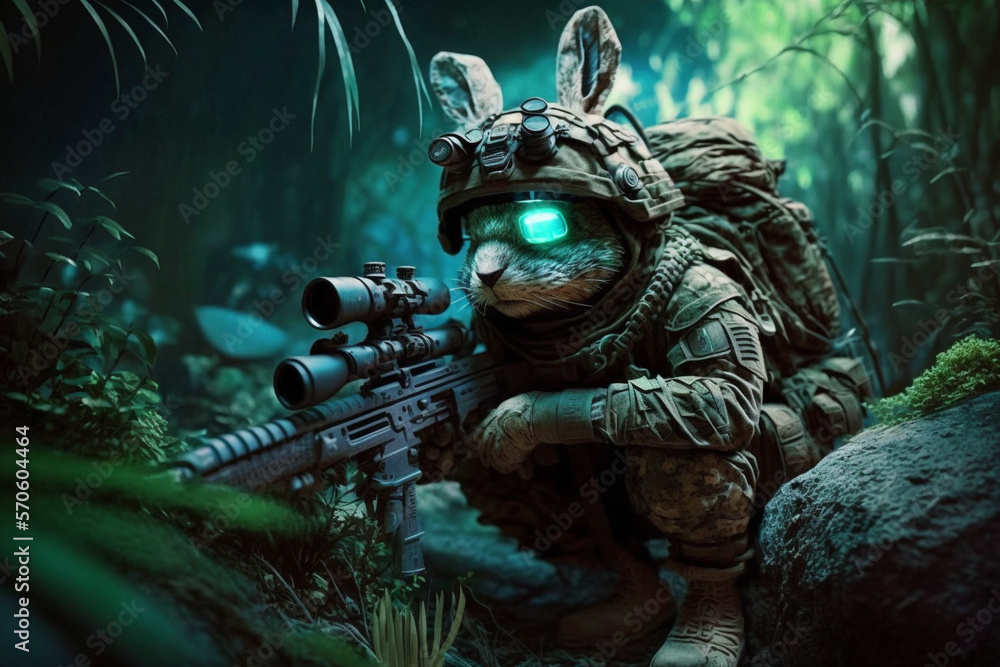 The rabbit in a sniper uniform is hiding in the dark forest. The rabbit ...