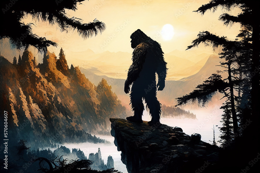 Sasquatch silhouette standing on cliff ledge - art created with Generative AI Stock Illustration ...