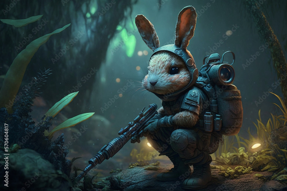 The rabbit in a sniper uniform is hiding in the dark forest. The rabbit ...