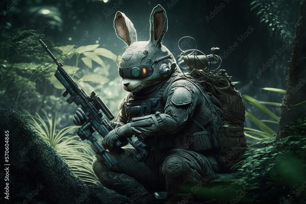 The rabbit in a sniper uniform is hiding in the dark forest. The rabbit ...