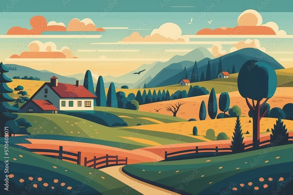 illustration of beautiful countryside landscape with fields, dawn ...