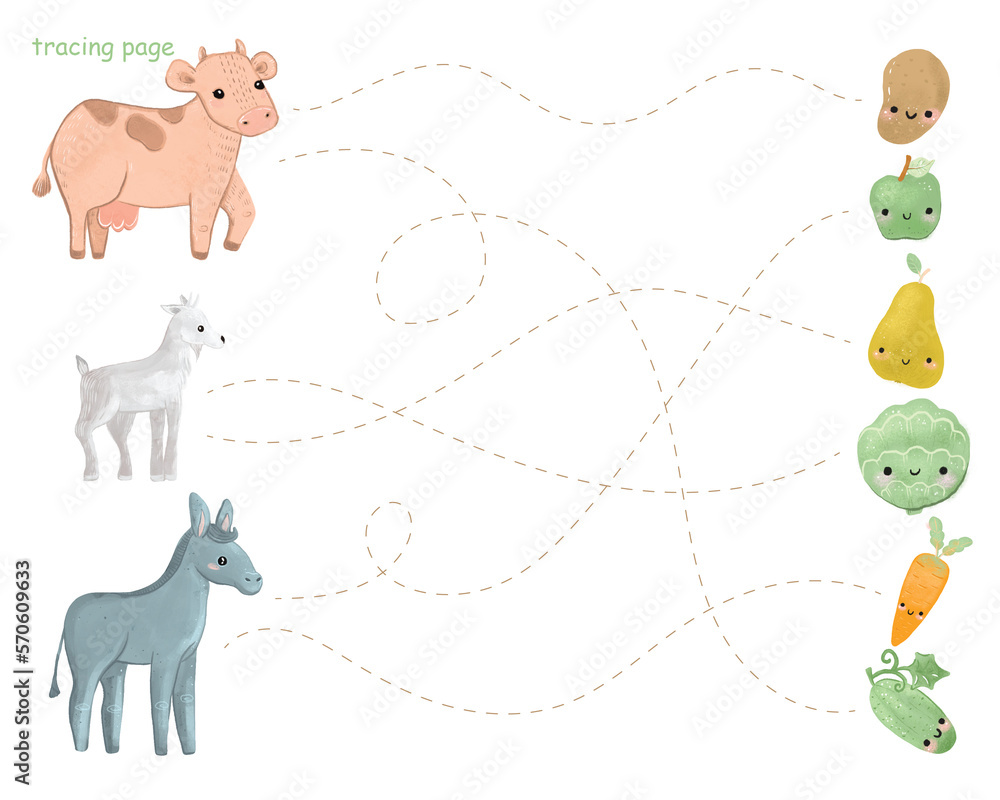 Farm animals, fruits and vegetables trace activity for children ...
