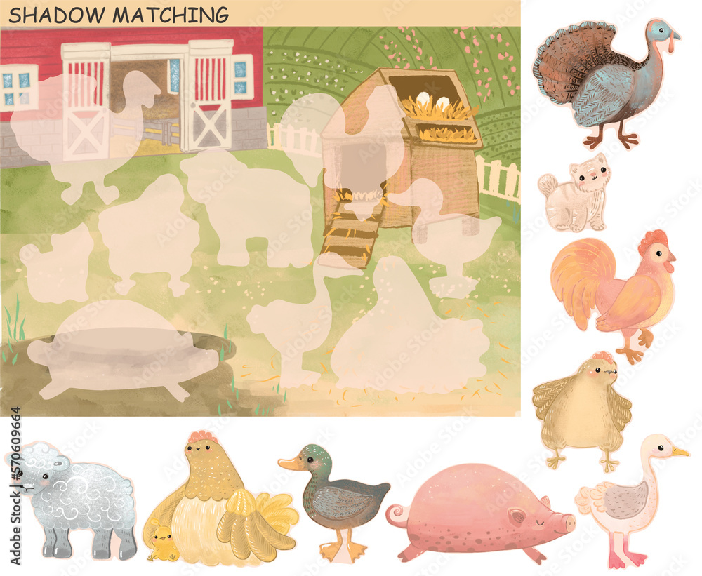 Farm animals shadow matching activity for children. . Educational game ...