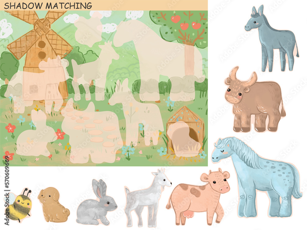 Farm animals shadow matching activity for children. . Educational game ...