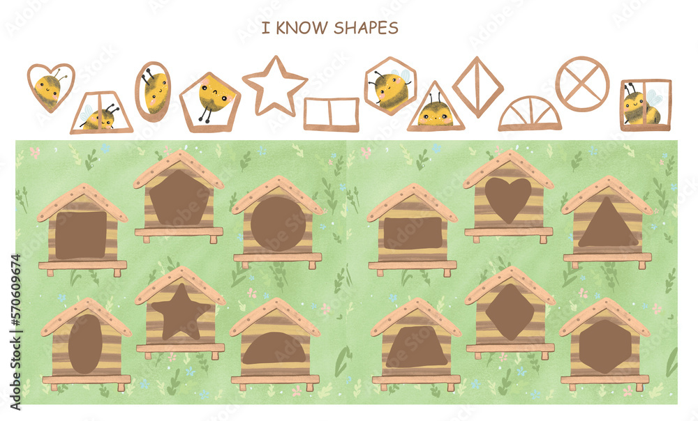 I know shapes game for kids with funny cartoon bees and beehive with ...
