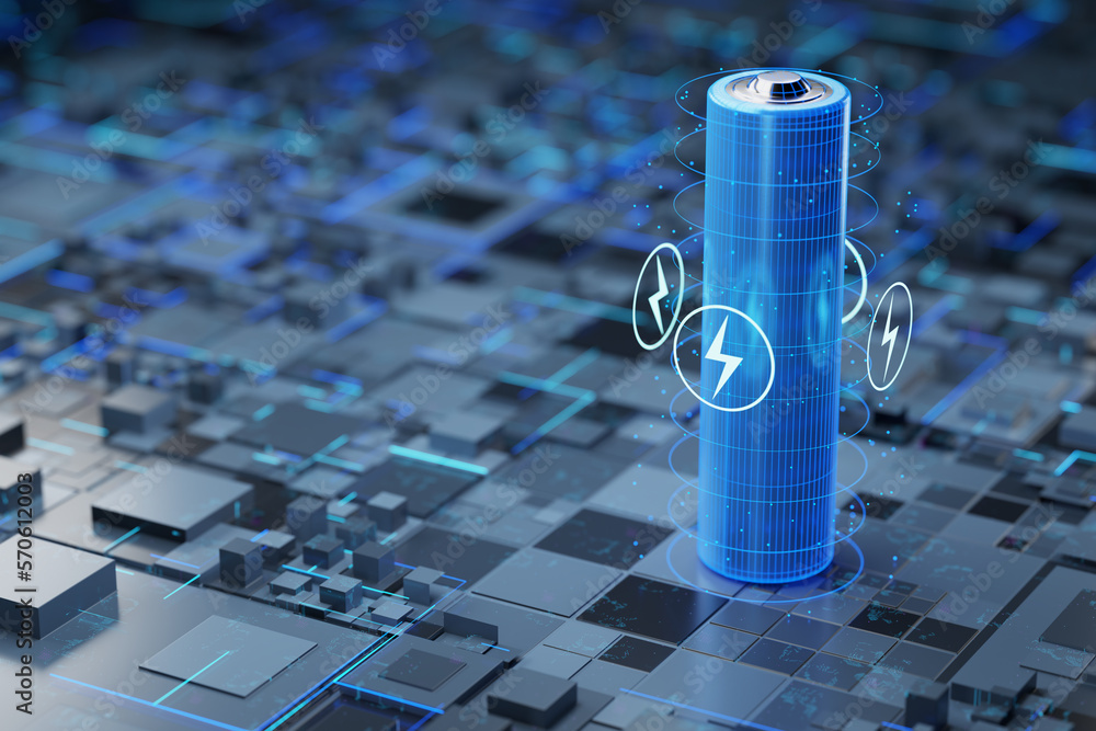 Battery on a technological background. battery fast charging concept ...