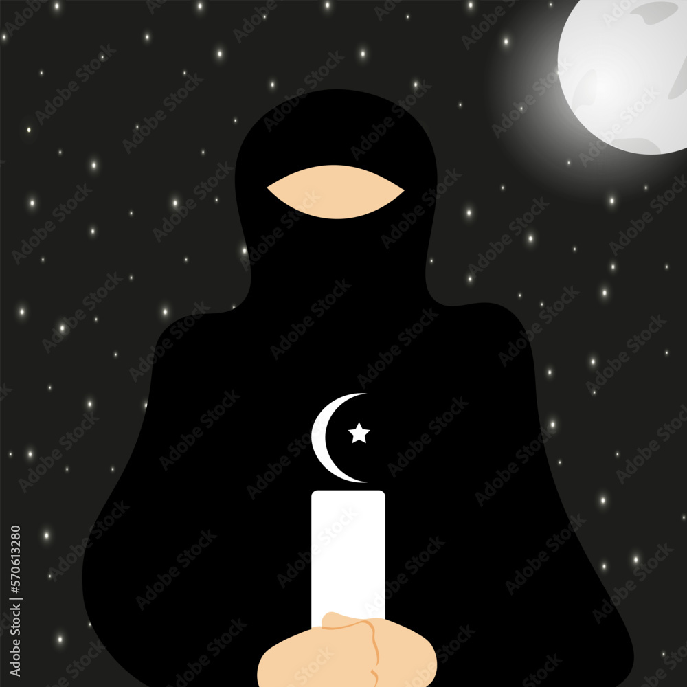Silhouette of arabic woman in a burqa with candle in her hands on night ...