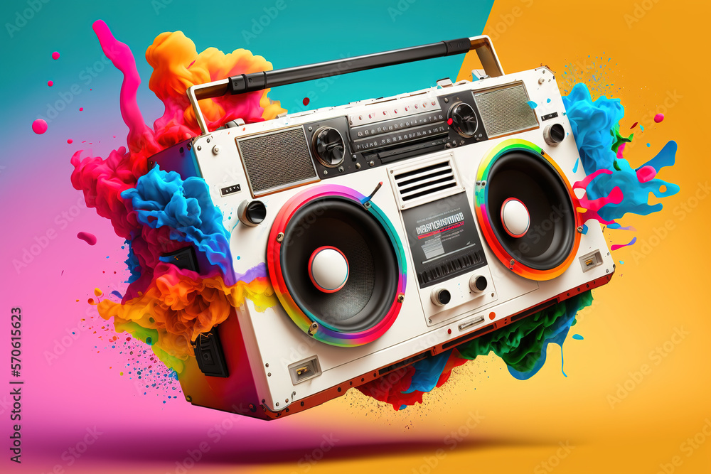 80s boombox on a coloured background. Portable stereo. Ghettoblaster ...