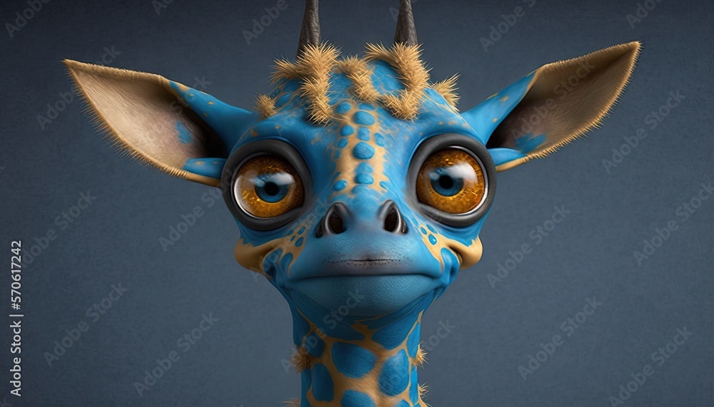 a blue giraffe with yellow spots on it's face and a black background ...
