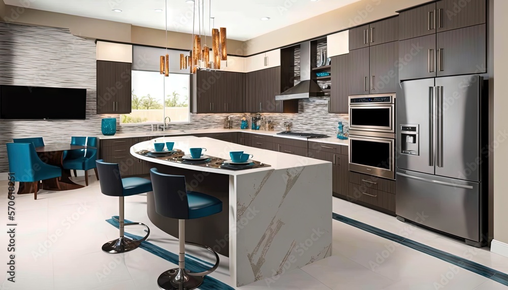 a modern kitchen with a center island and bar stools and a breakfast ...