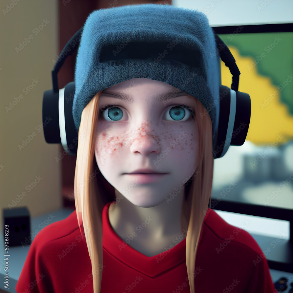 Generative AI: Illustration of a Girl gamer with red hair and freckles ...