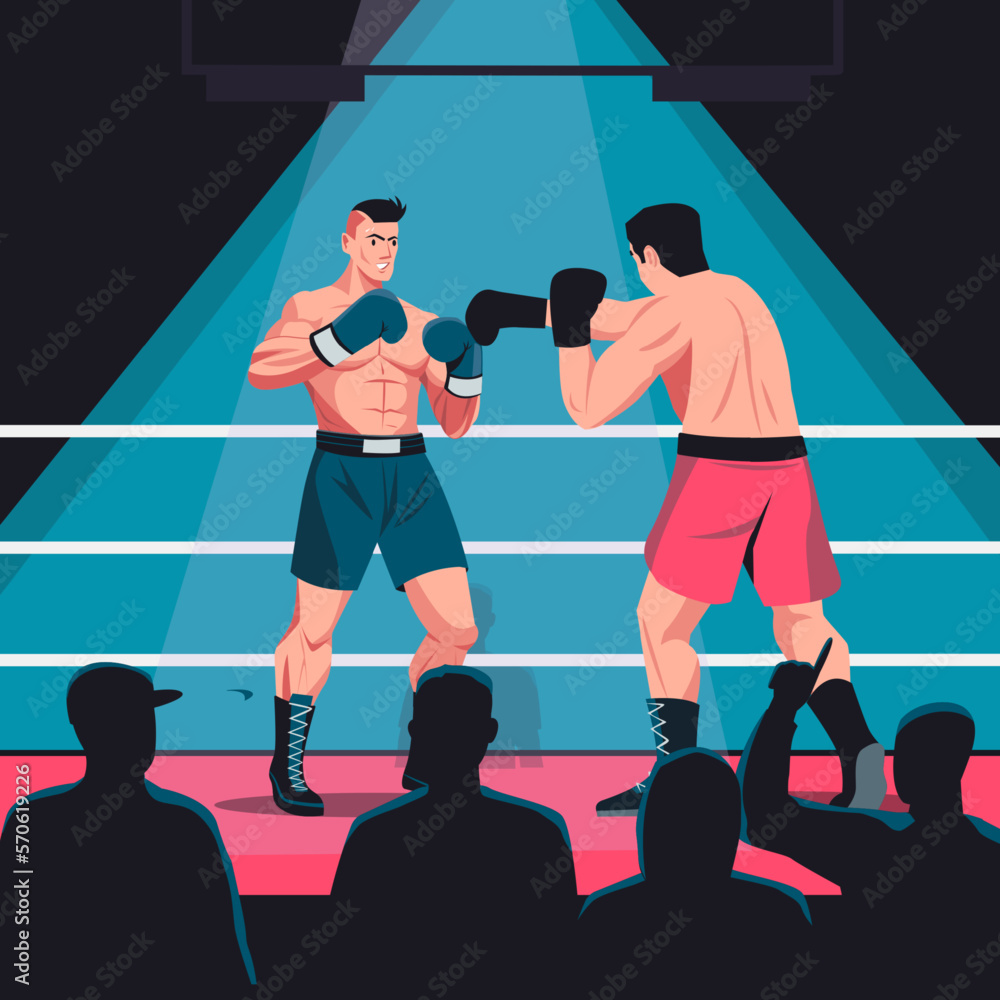 Fight on box ring. Cartoon muscular boxers boxing and wrestling on ...
