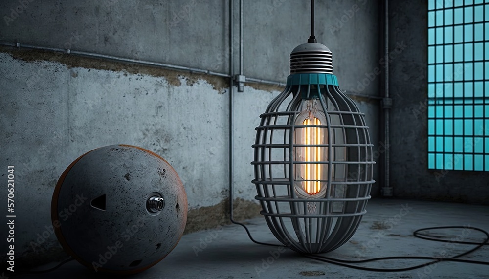 a light bulb sitting on top of a floor next to a light bulb in a caged ...