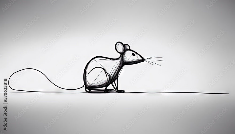 a black and white photo of a mouse on a white surface with a long tail ...