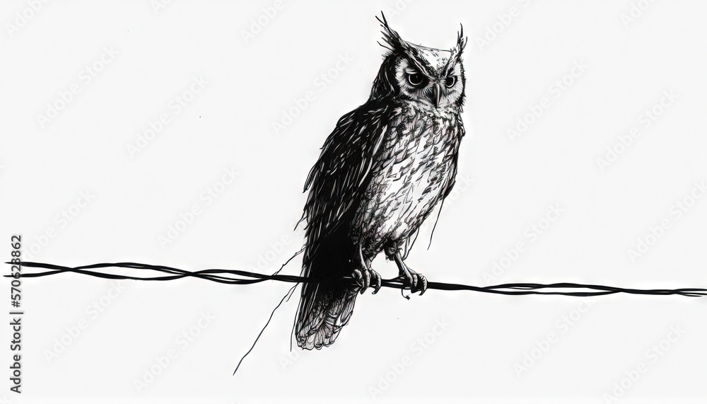 a drawing of an owl sitting on a wire with barbed wire in front of it ...