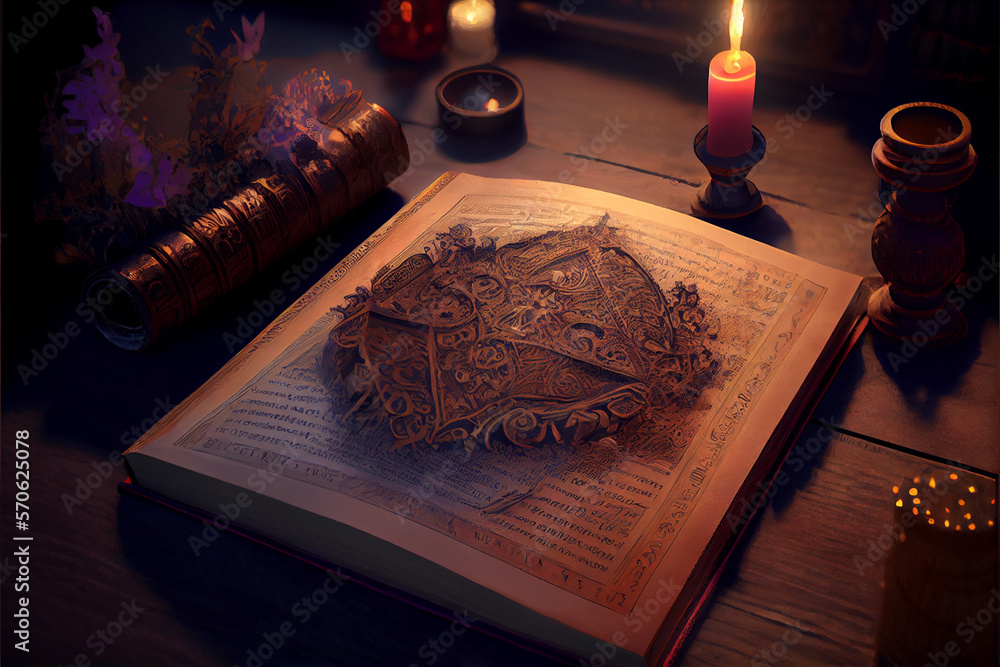 Old witch book with empty pages, lavender flowers, pentagram and ...