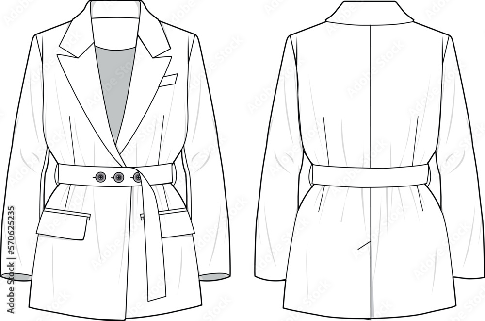 Women's Belted Blazer Jacket- Technical fashion illustration. Front and ...