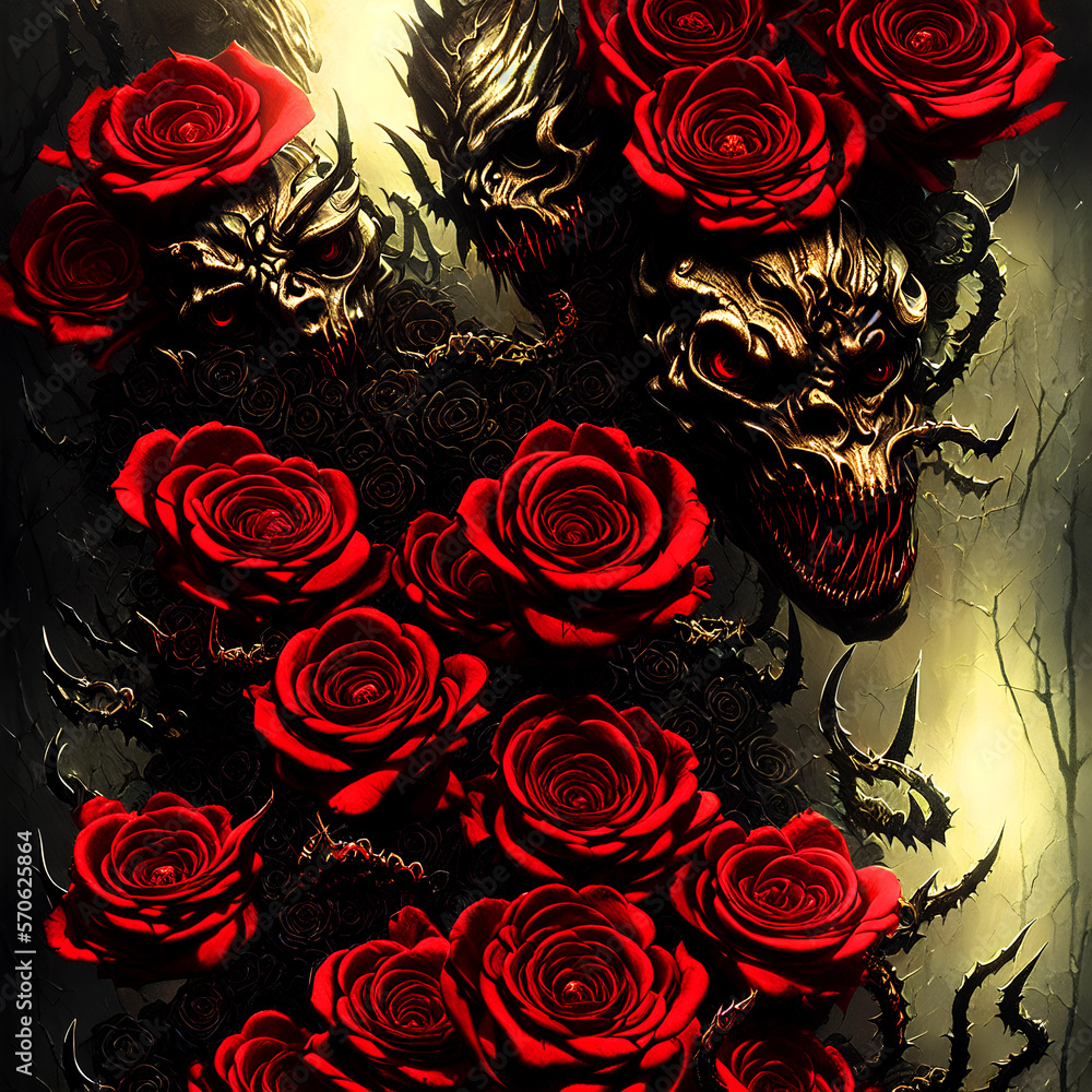 Demon skull red roses and fire with bones red eyes illustration ...
