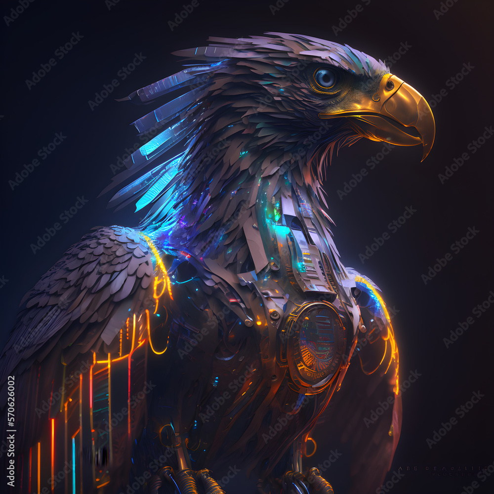 eagle half robot, cutting edge style, neon and lasers. mixture of ...