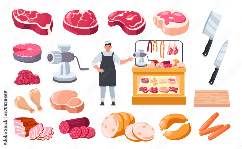 Cartoon butcher with meat. Man character with knife in chef uniform ...
